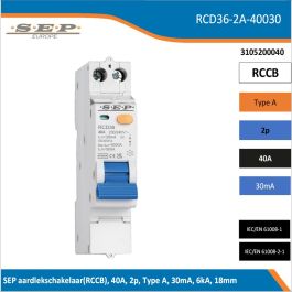 SEP RCD36-2A-40030 | 2-polige aardlekschakelaar 40A 30mA – Compact 18mm